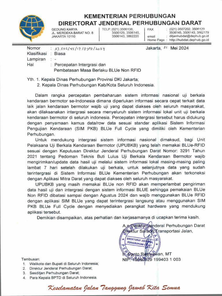 Surat Percepatan Integrasi Dan Pembatasan Masa Berlaku BLUe Non RFID | PDF