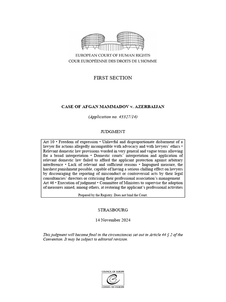 Mammadov v. Azerbaijan: Disbarment Case | PDF | Advocate | Disbarment