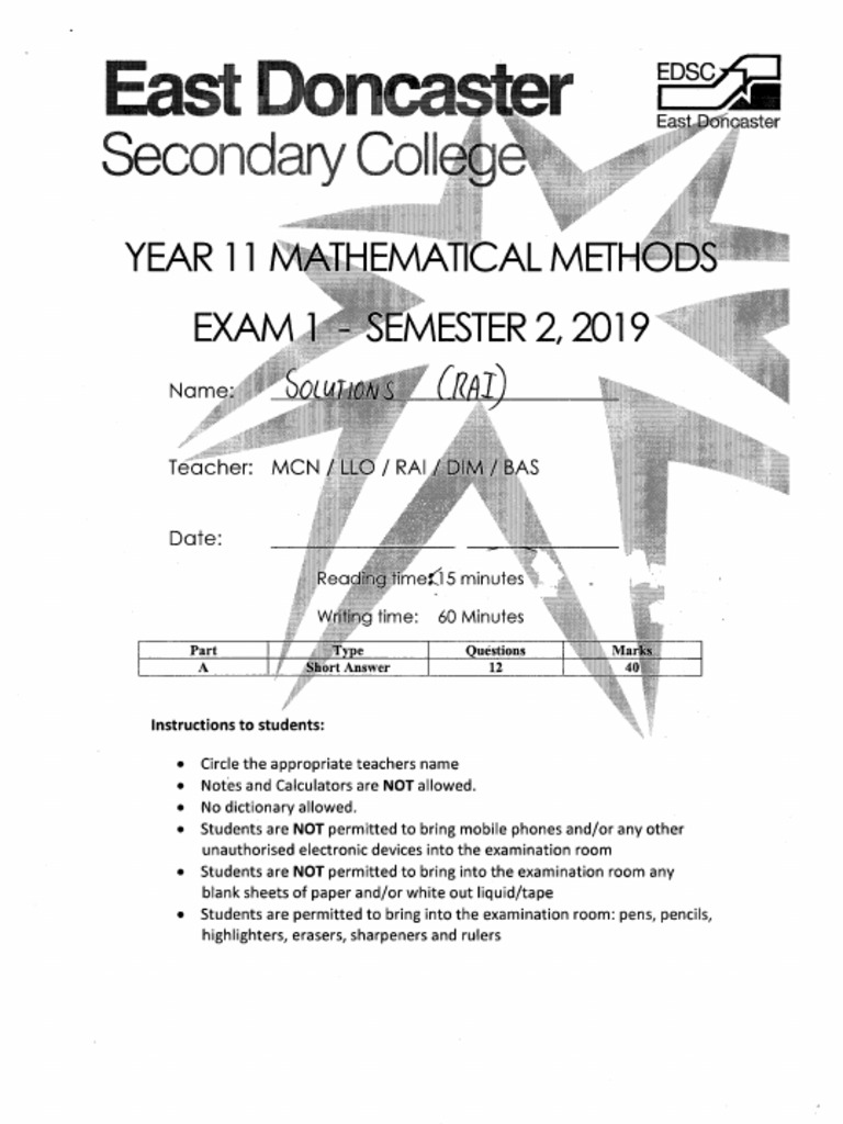 2019 EDSC Y11 MM Exam 1 Semester 2 Final Solutions | PDF
