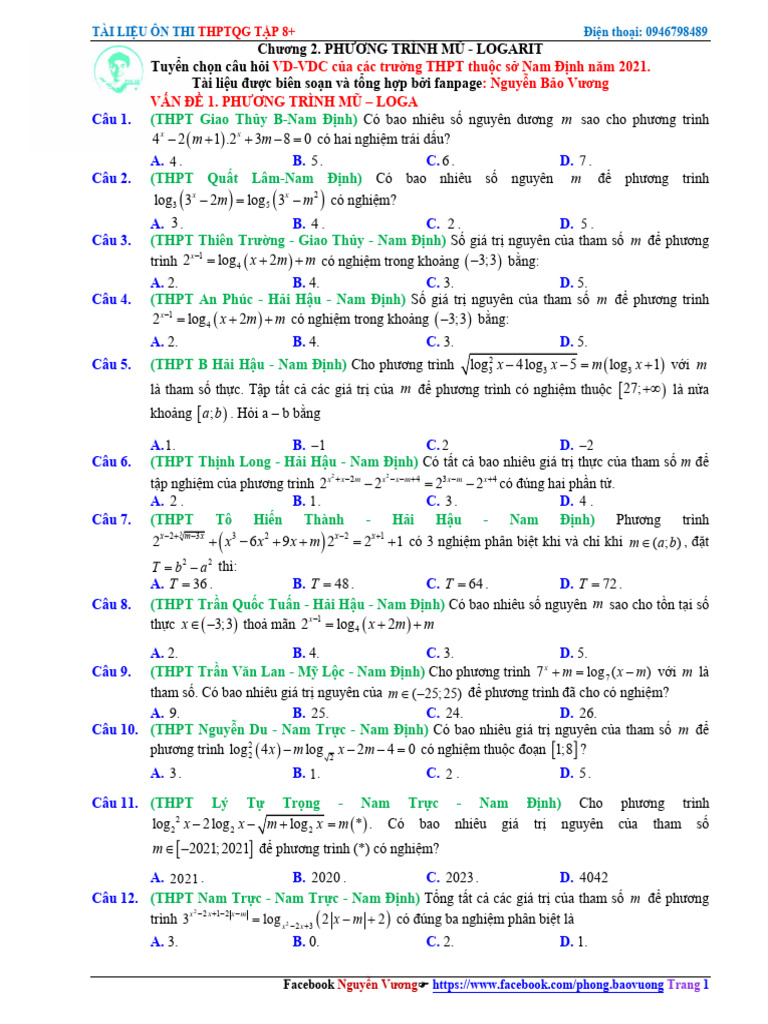 (NBV) -VD-VDC Logarit - Sở Nam Định 2021-câu hỏi | PDF
