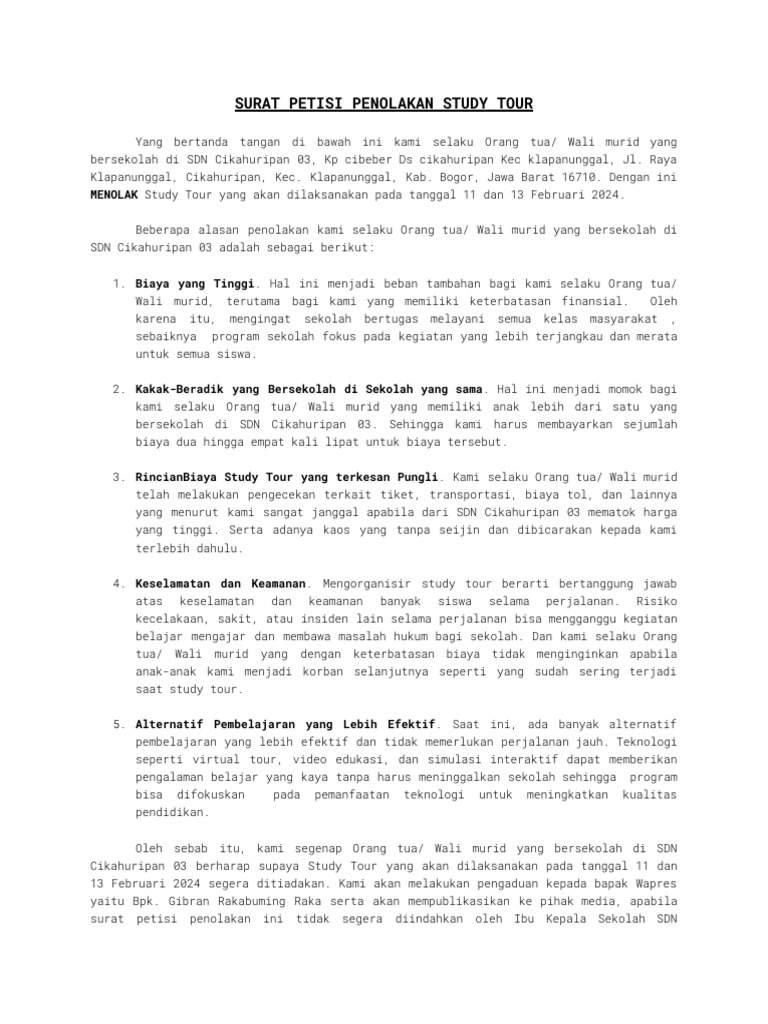 Petisi Penolakan Study Tour SDN Cikahuripan | PDF | Kesehatan Holistik
