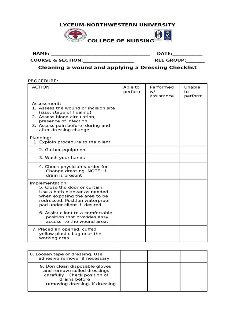 Checklist Wound Dressing Change Dressing | PDF | Wound | Medicine