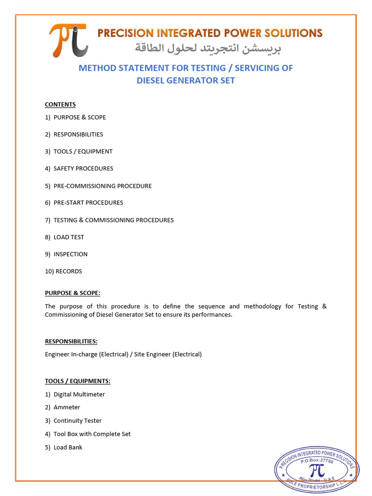 Diesel Generator Testing Method Statement | PDF | Safety | Pipe (Fluid ...