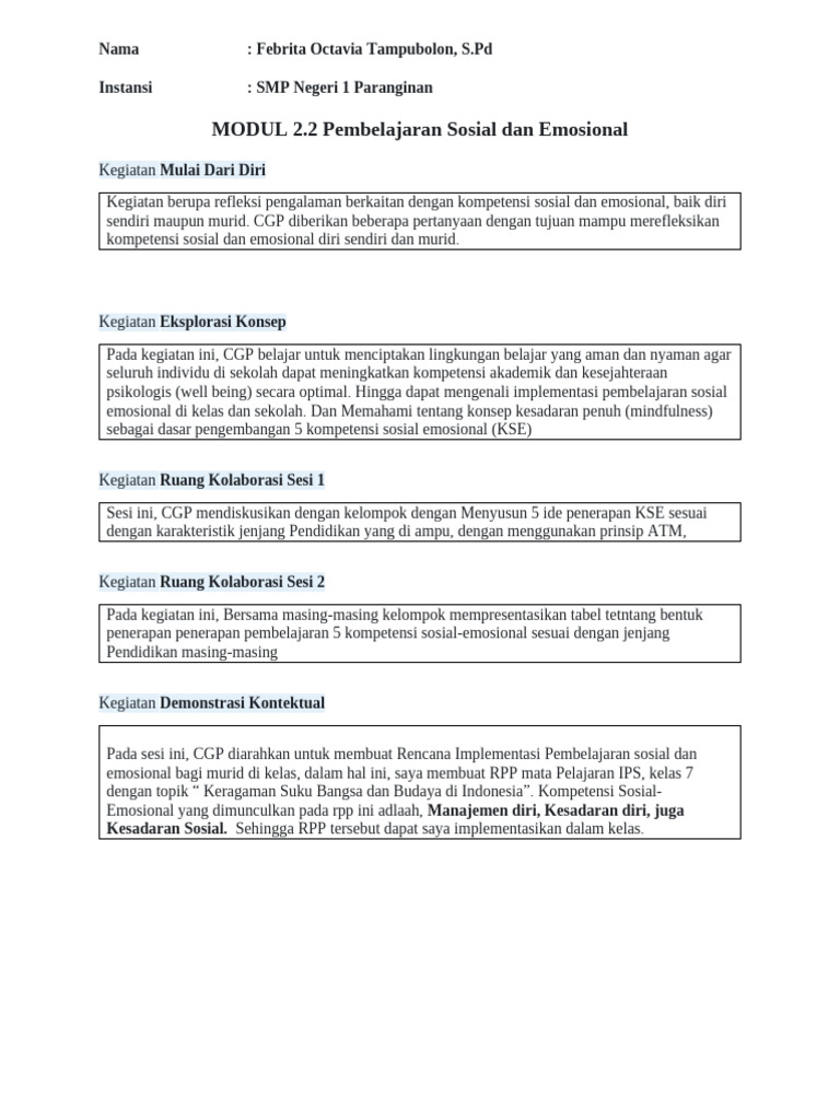 Rangkuman Modul 2.2 Pembelajaran Sosial Dan Emosional | PDF