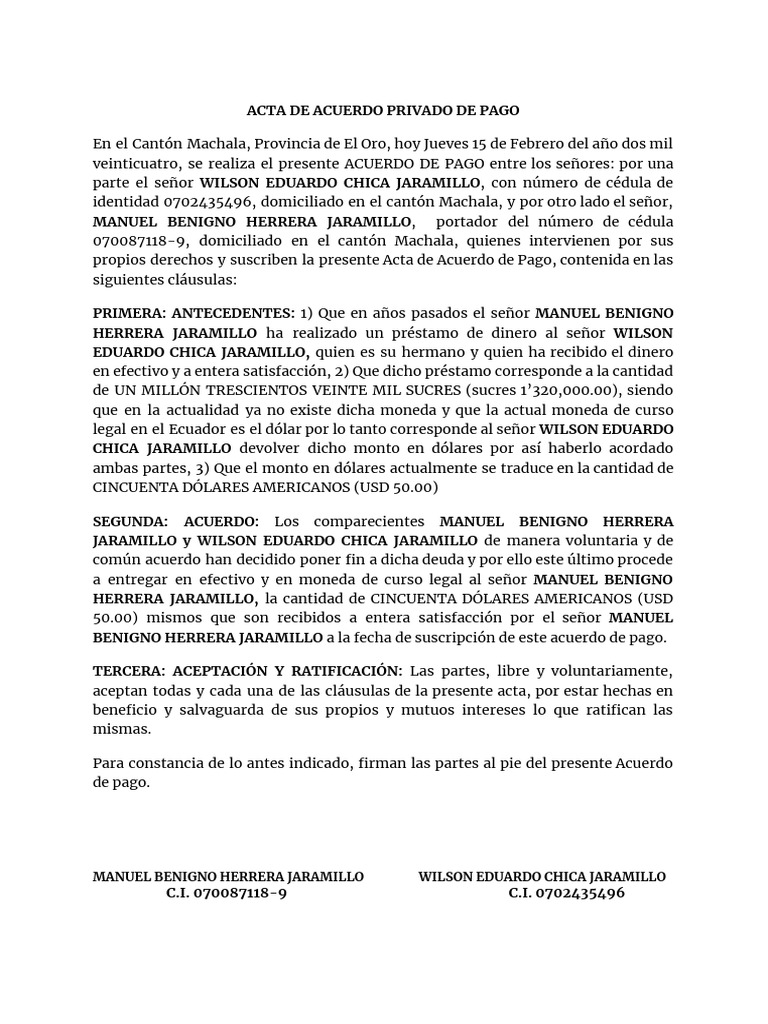 ACTA DE ACUERDO DE PAGO (Hns Herrera) | PDF | Derecho
