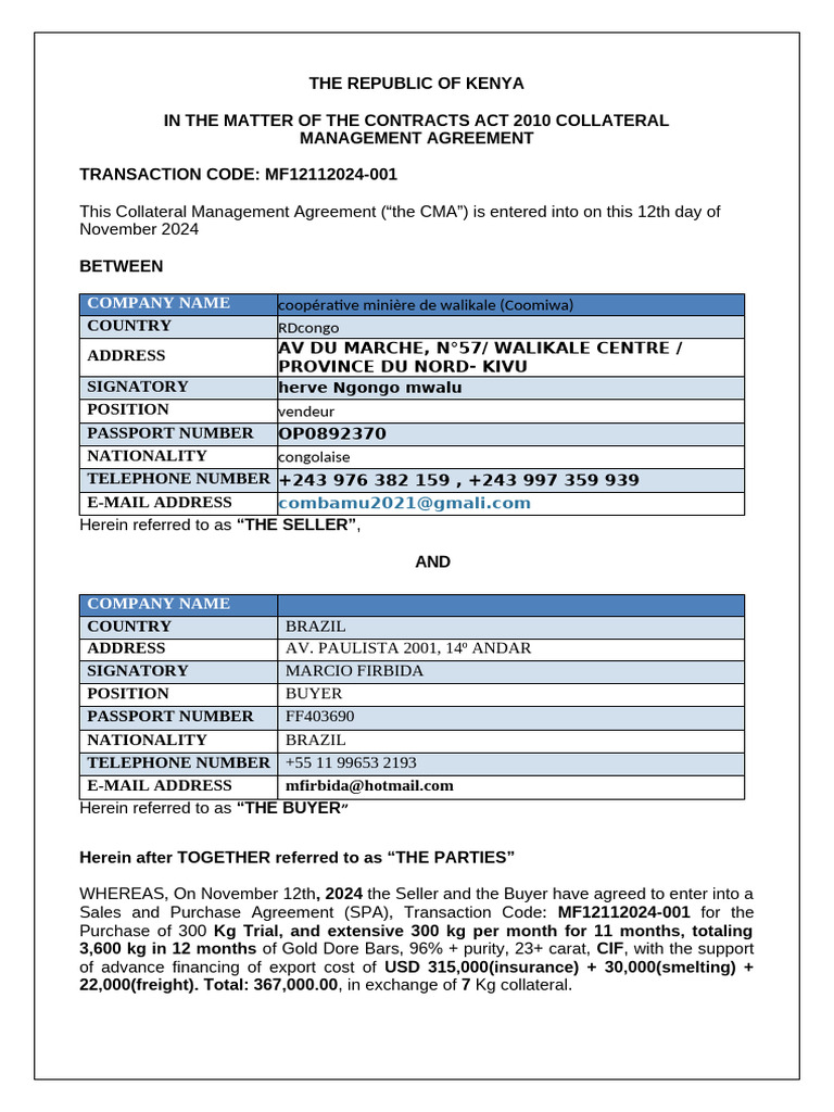 Collateral Management Agreement Nairobi X Dubai 300 KG | PDF | Private ...