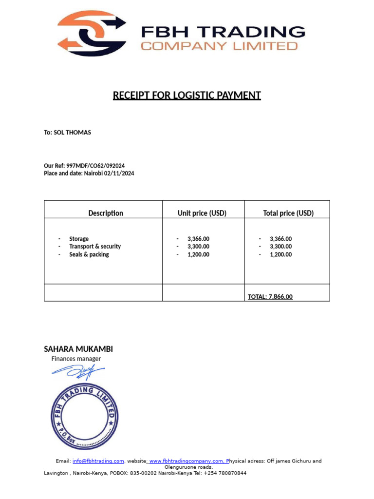 RECEIPT FOR LOGISTIC PAYMENT Final | PDF | Business | Finance & Money ...