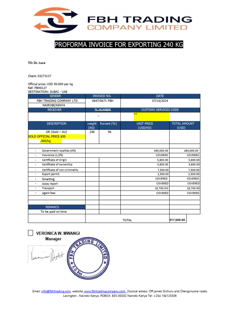 1 INVOICE FBH TRADING DR Luca | PDF | Exports | International Business