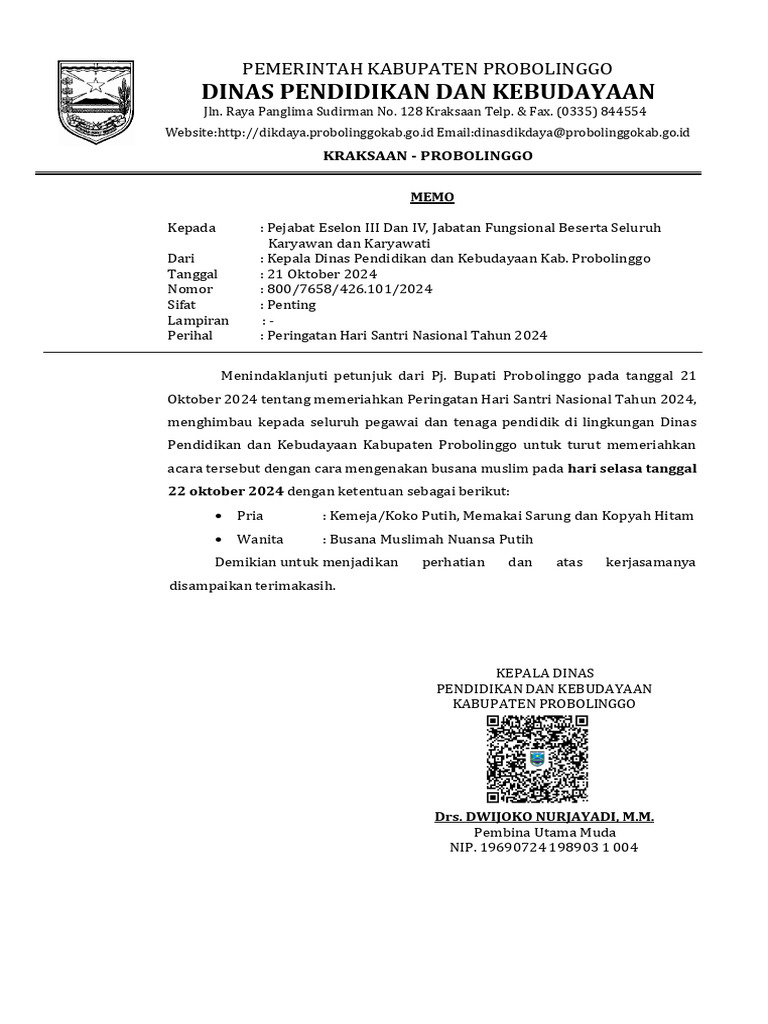 MEMO Peringatan Hari Santri Nasional Tahun 2024-1 | PDF