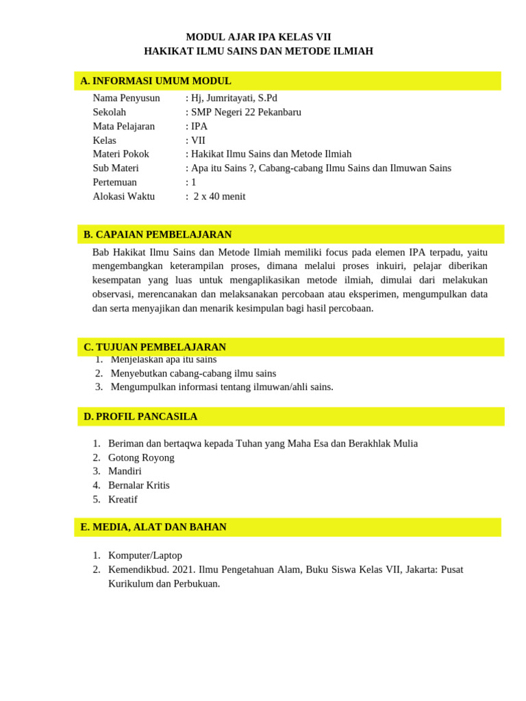 Modul Ajar Hakikat Sains Pertemuan 1 | PDF | Sains & Matematika
