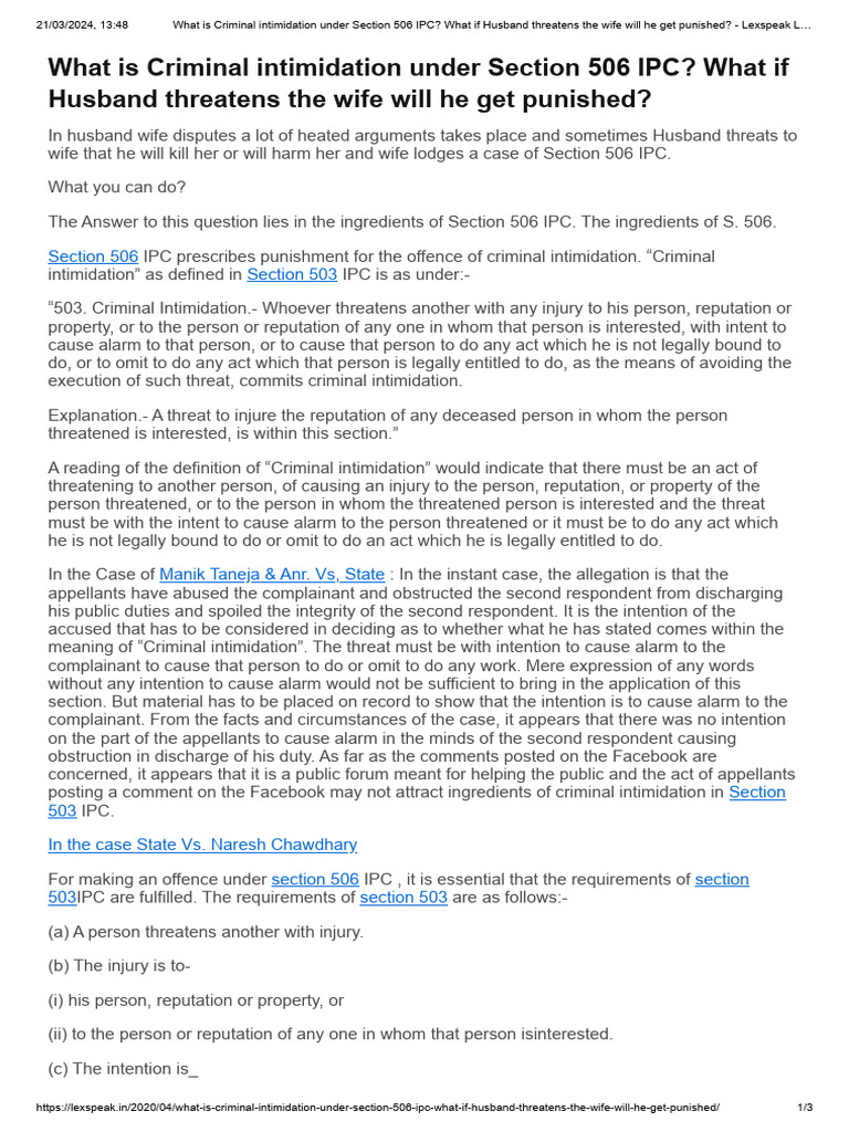 What Is Criminal Intimidation Under Section 506 IPC - What If Husband ...