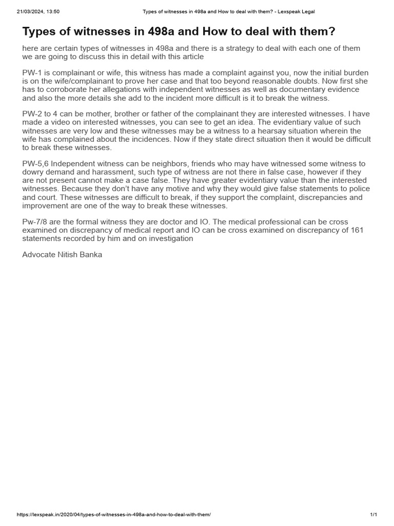 Types of Witnesses in 498a and How To Deal With Them - Lexspeak Legal | PDF | Social Science ...