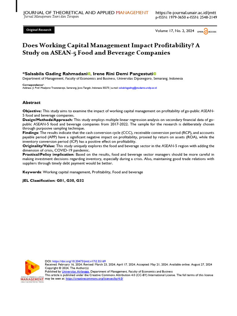 Jurnal - Does Working Capital Management Impact Profitability | PDF | Regression Analysis ...