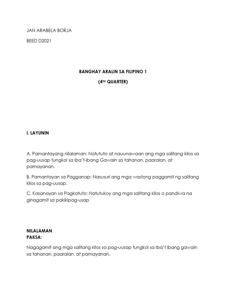 BANGHAY ARALIN SA FILIPINO - Jan Arabela Borja BEED D2021 | PDF