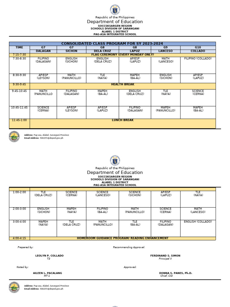 Pag-asa Integrated School Class Schedule 2023-2024 | PDF | Philippines