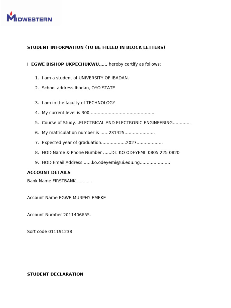 Student Information and Declaration Form | PDF | Career & Growth