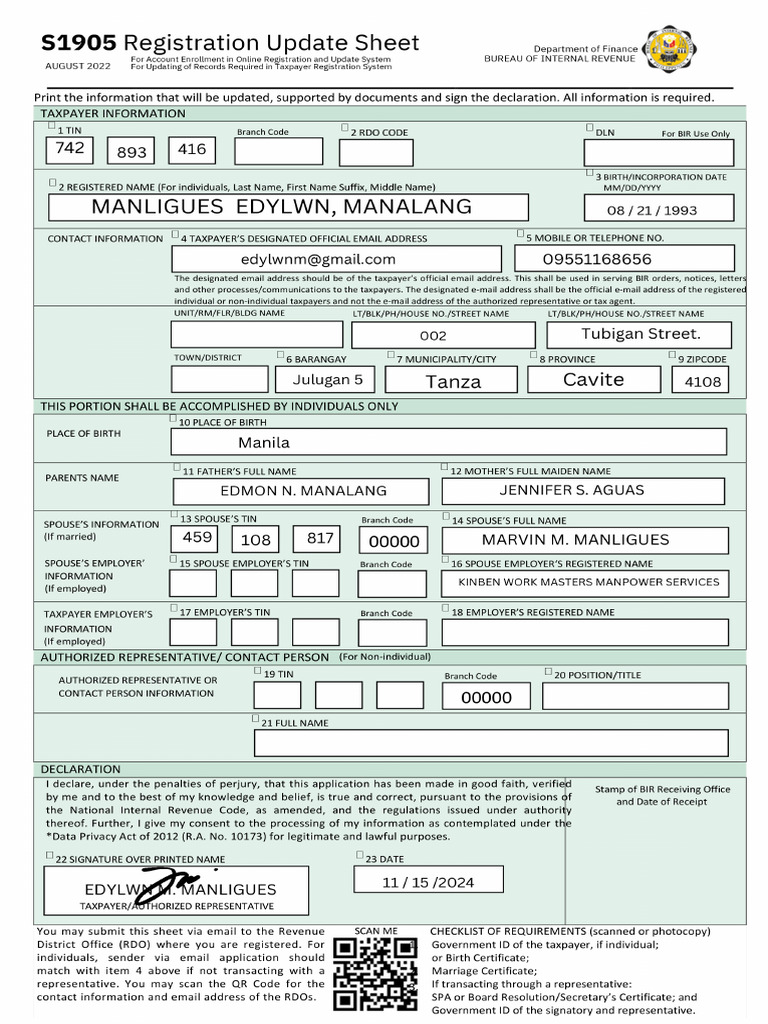 BIR S1905 - Registration Update Sheet - PDF - 20241114 - 211634 - 0000 ...