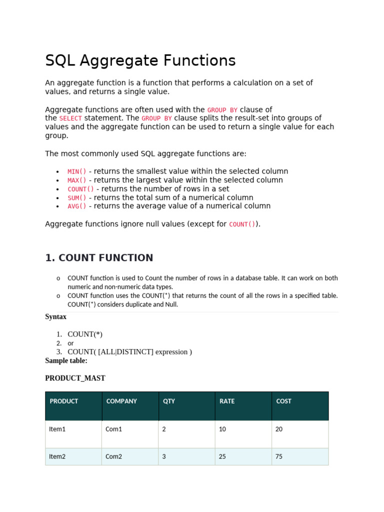SQL Aggregate Functions | PDF | Table (Database) | Computer Programming SQL Aggregate Functions | PDF | Table (Database) | Computer Programming