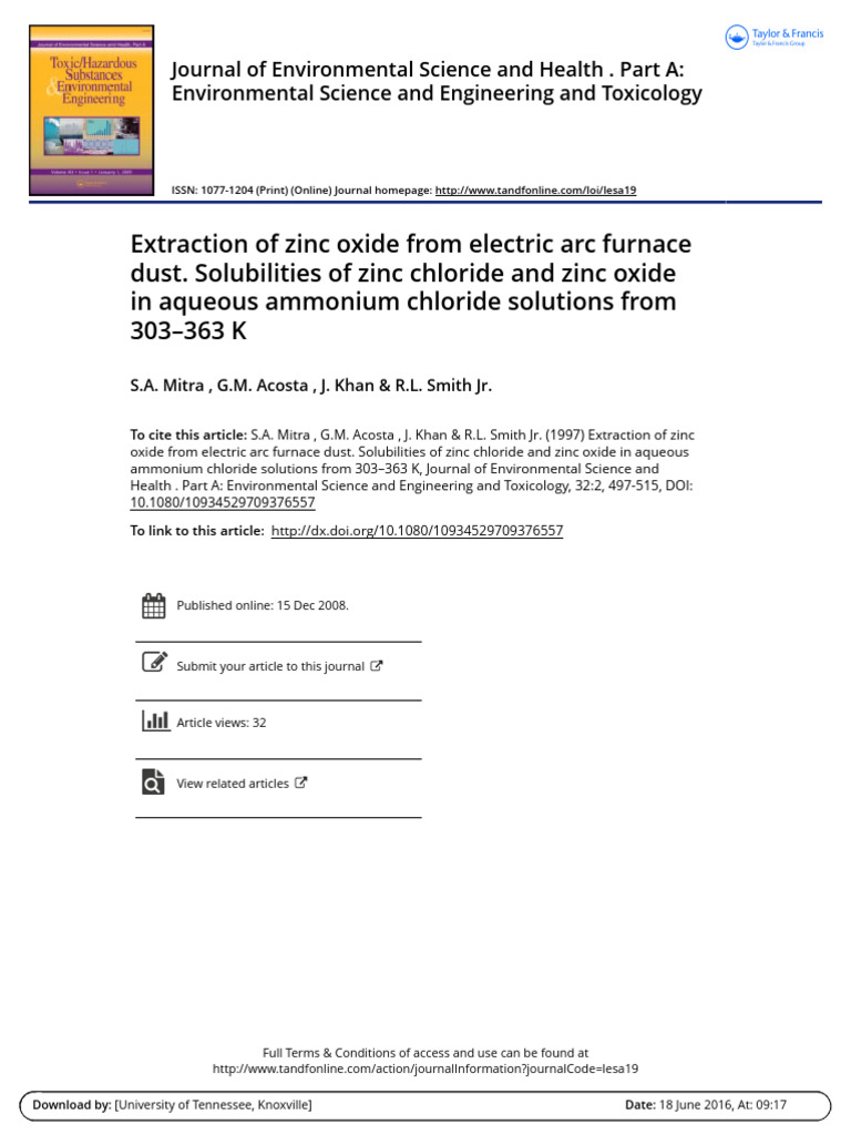 Extraction of Zinc Oxide From EAFD. Solubilities of ZN and ZnO in ...
