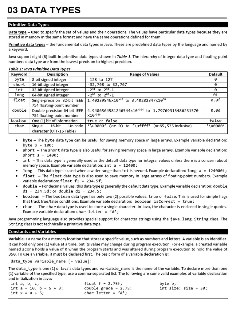 03_Data Types Handout | PDF | Data Type | Integer (Computer Science) 03_Data Types Handout | PDF | Data Type | Integer (Computer Science)