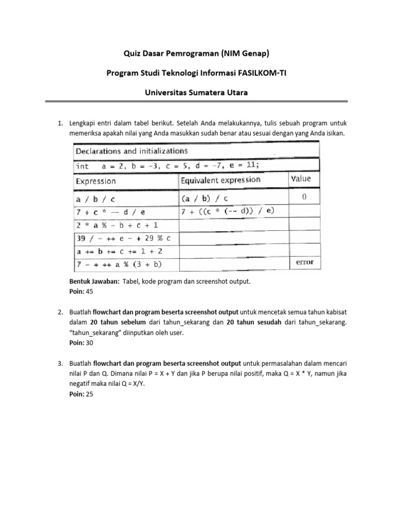 Quiz Dasar Pemrograman 2024 (NIM Genap) | PDF