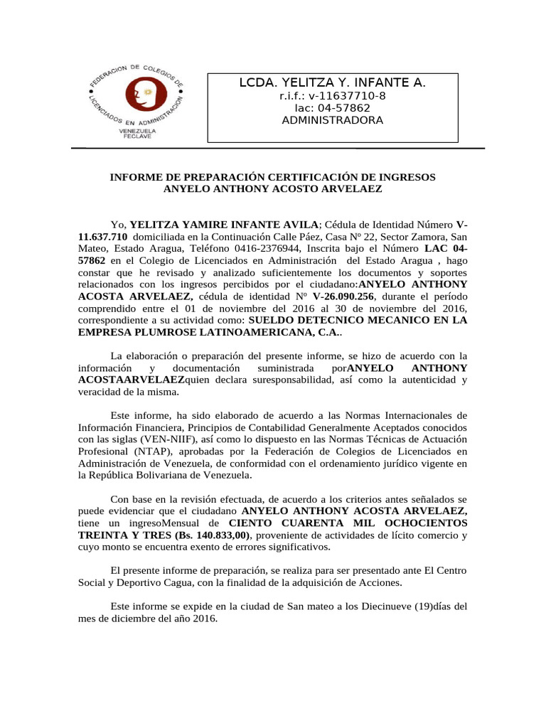 Informe de Certificacion de Ingresos | PDF | Documento de identidad ...