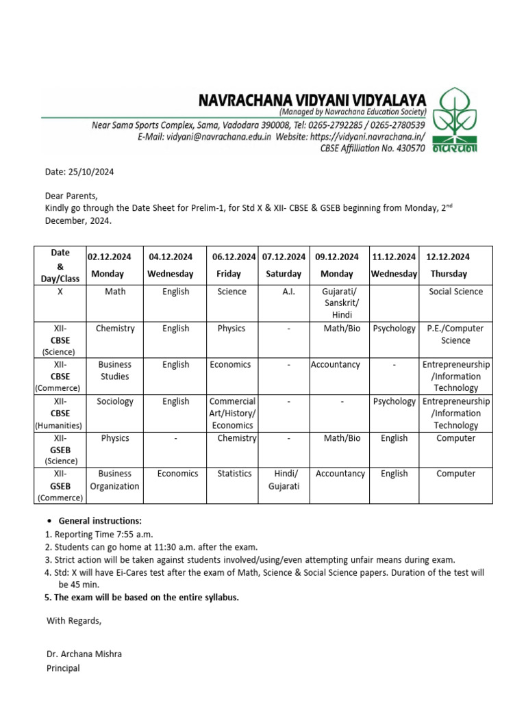 Prelim-1 Exam Schedule 2024 for Std X & XII | PDF