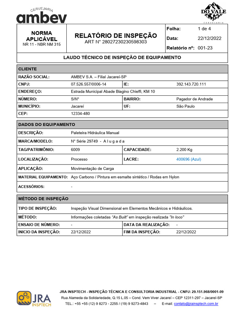 Rel - 001-23 - Paleteira Mec. - TAG 6009 | PDF