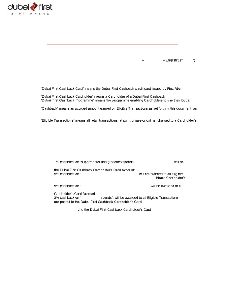 Dubai First Cashback Card Terms | PDF | Credit Card | Service Industries