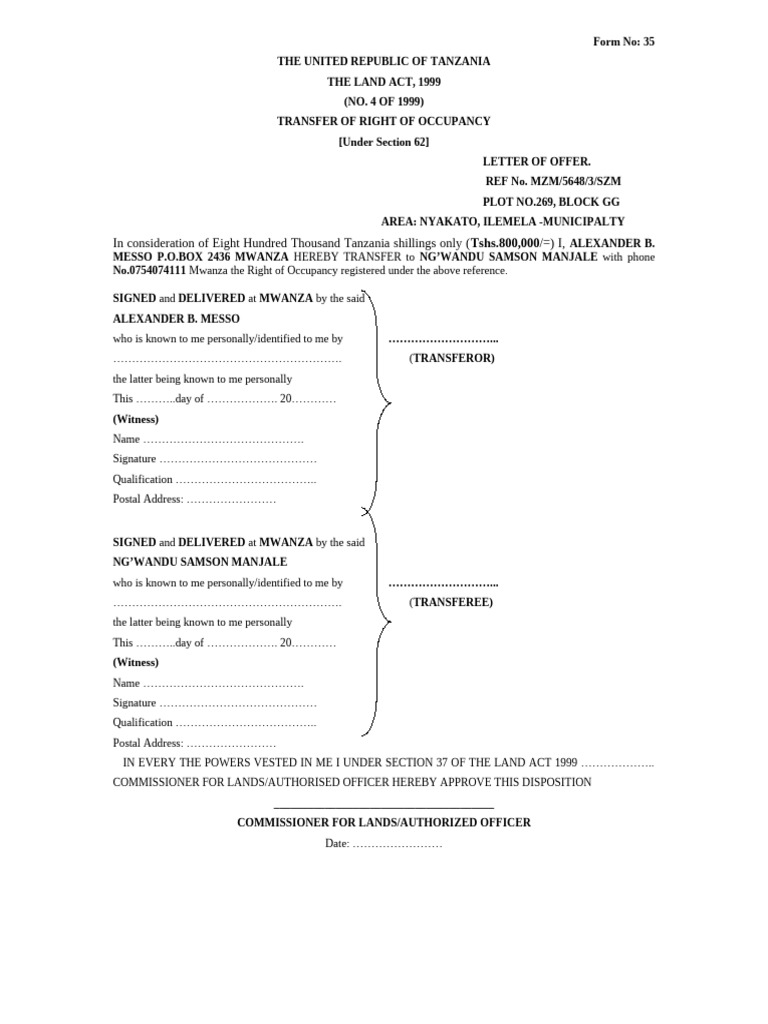 Land Transfer Form No. 35 Tanzania | PDF
