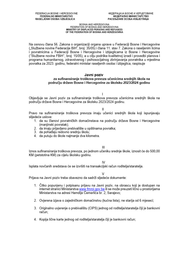 2.JAVNI POZIV Za Prevoz Ucenika Srednjiskolaca 2023 2024 | PDF