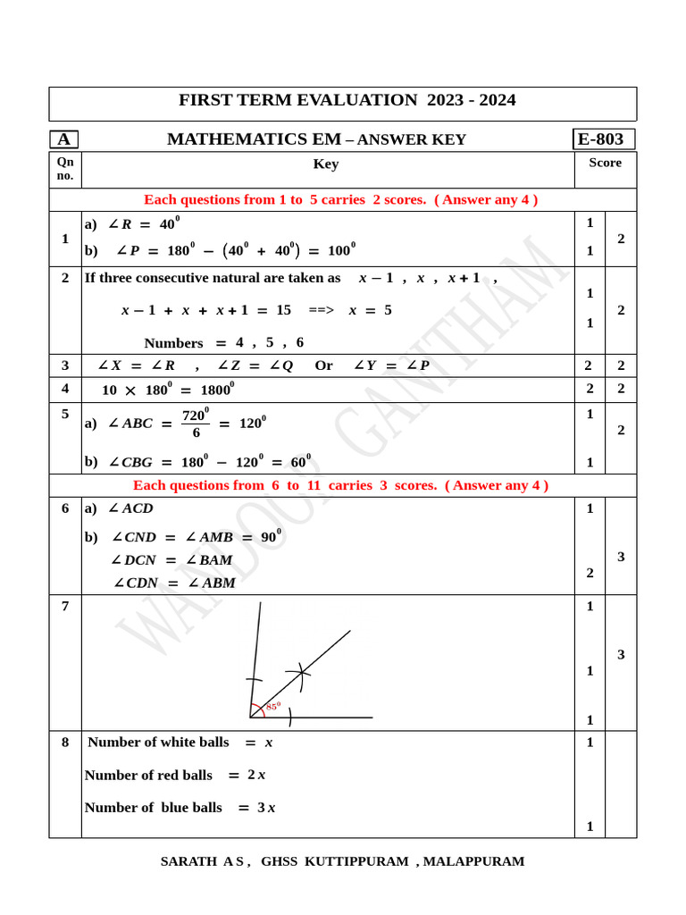 Class 8 First Term Exam Maths Answer Key EM by Sarath Sir | PDF | Euclidean Plane Geometry ...