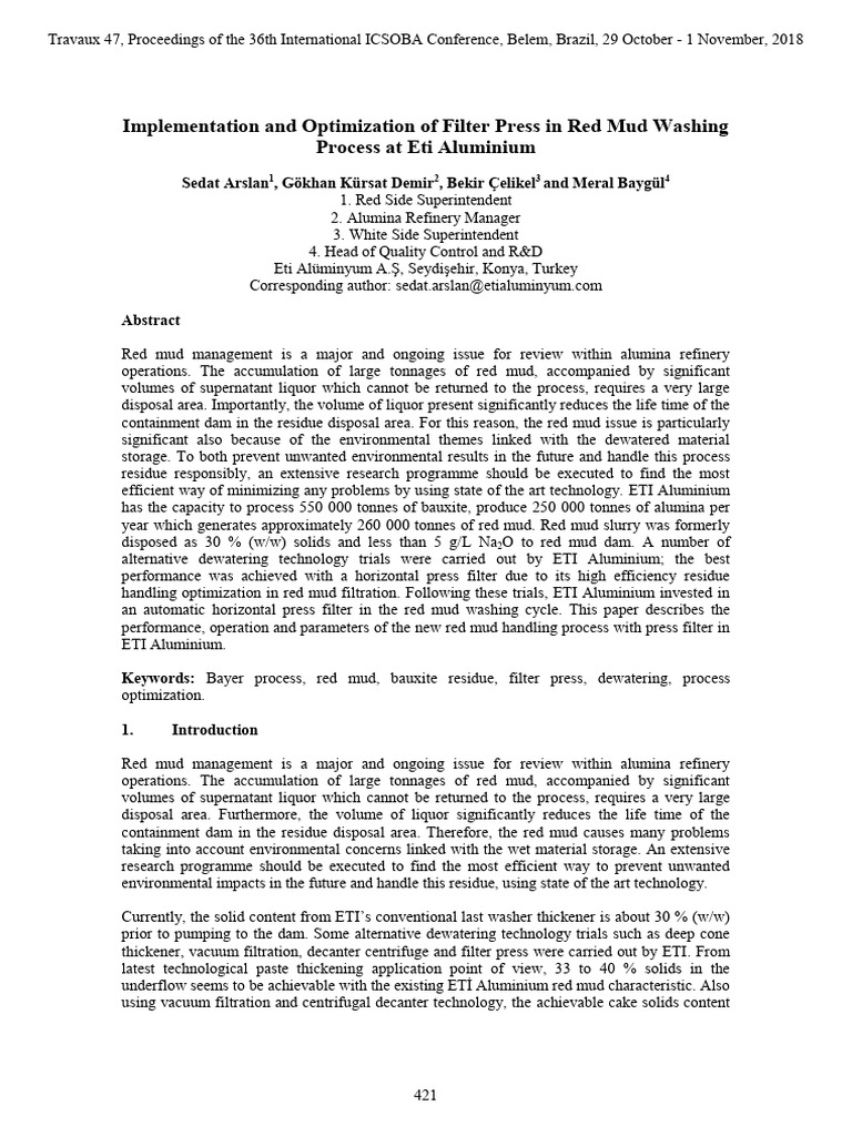 Mplementation and Optimization of Filter Press in Red Mud Washing ...