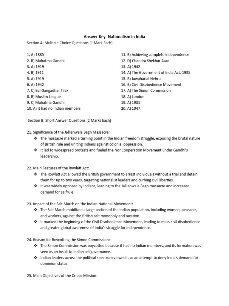 Nationalism in India Answer Key | PDF | Indian Independence Movement ...