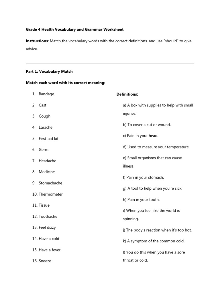 Grade 4 Health Vocabulary Worksheet | PDF | Common Cold | Medicine