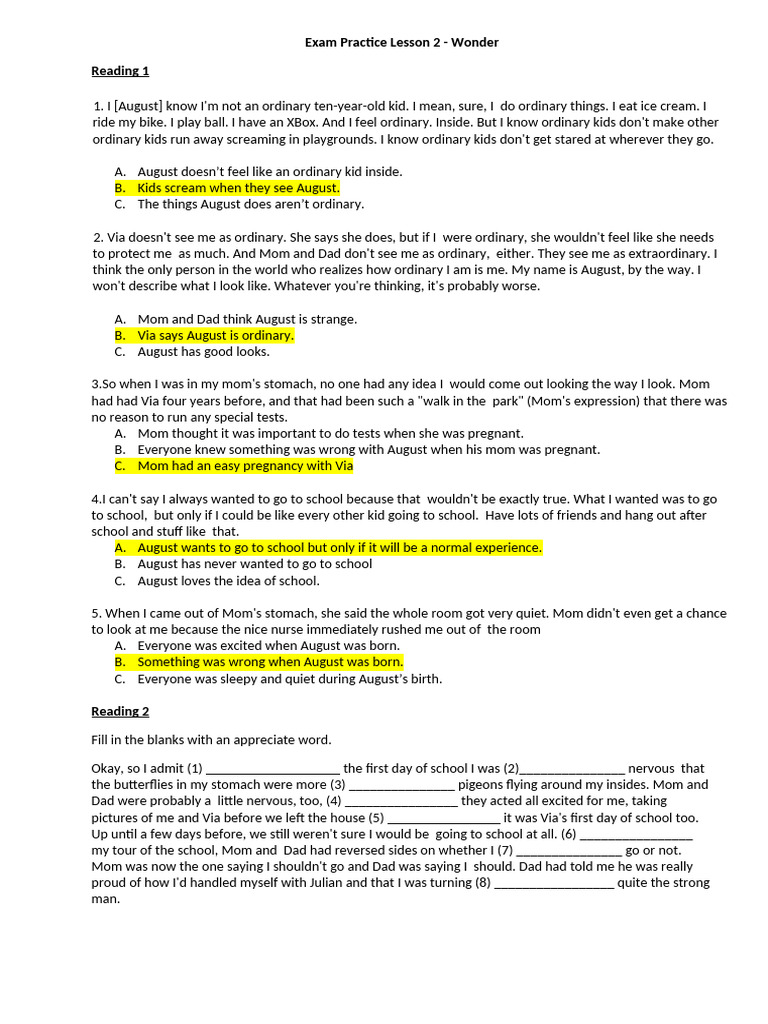 Exam Practice Lesson 2 - Wonder | PDF