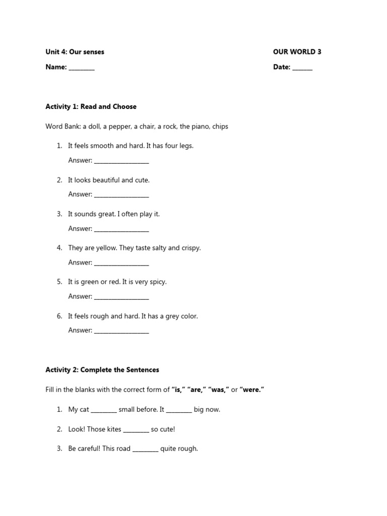 Review Unit 4: Our Senses - Our World 3 | PDF | Taste | Lemon