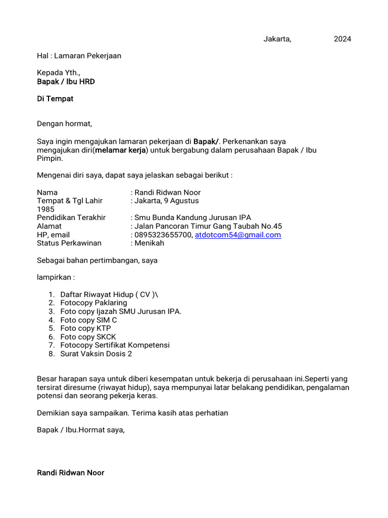 Lamaran & CV Randi 2024 | PDF