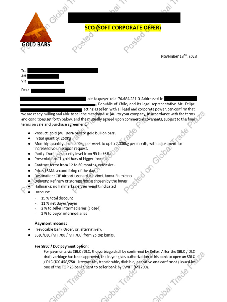 Sco (Soft Corporate Offer) Gold Bars: Payment Means | PDF | Letter Of ...