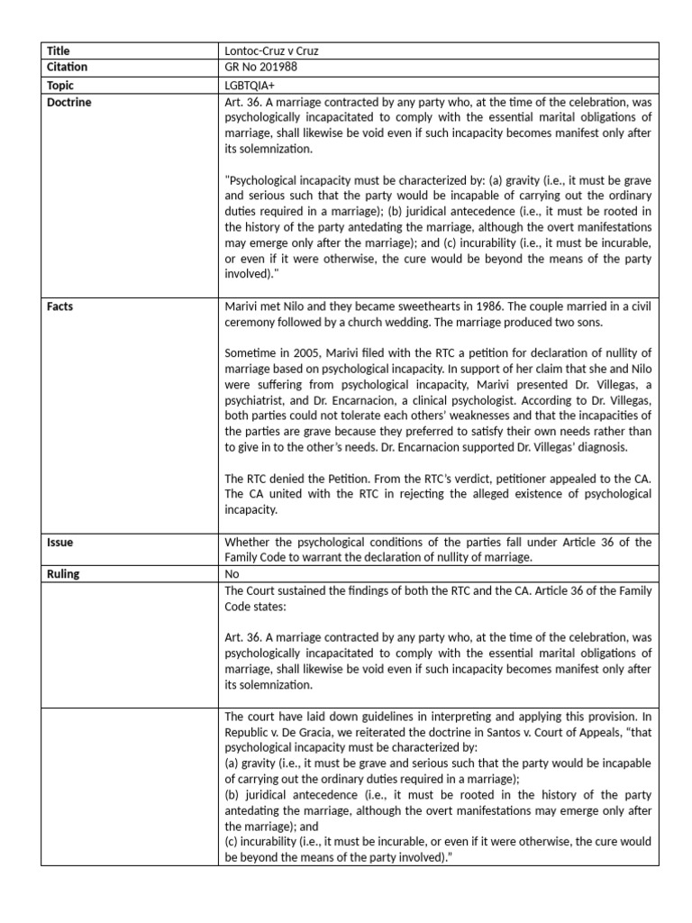 GR NO 201988 Lontoc-Cruz V Cruz | PDF | Annulment | Marriage