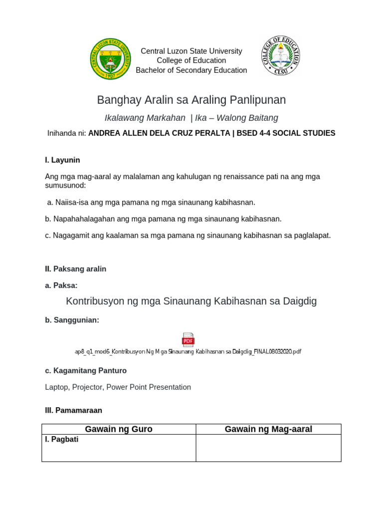 Araling Panlipunan 1 ST Quarter Module 6 Detailed Lesson Plan | PDF