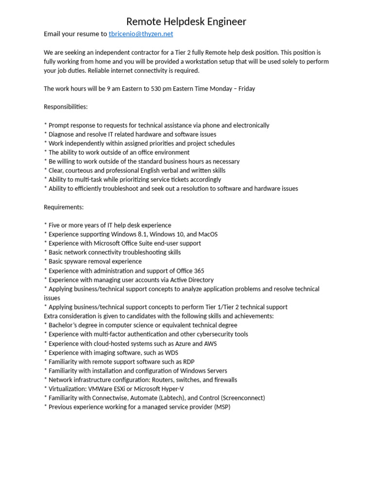Remote Helpdesk Engineer | PDF | Career & Growth | Technology & Engineering