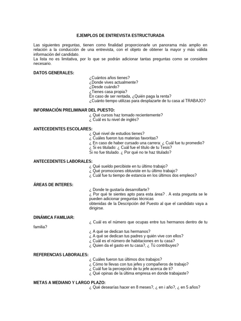Ejemplo Entrevista Estructurada | PDF | Crecimiento personal y profesional | Ciencias sociales