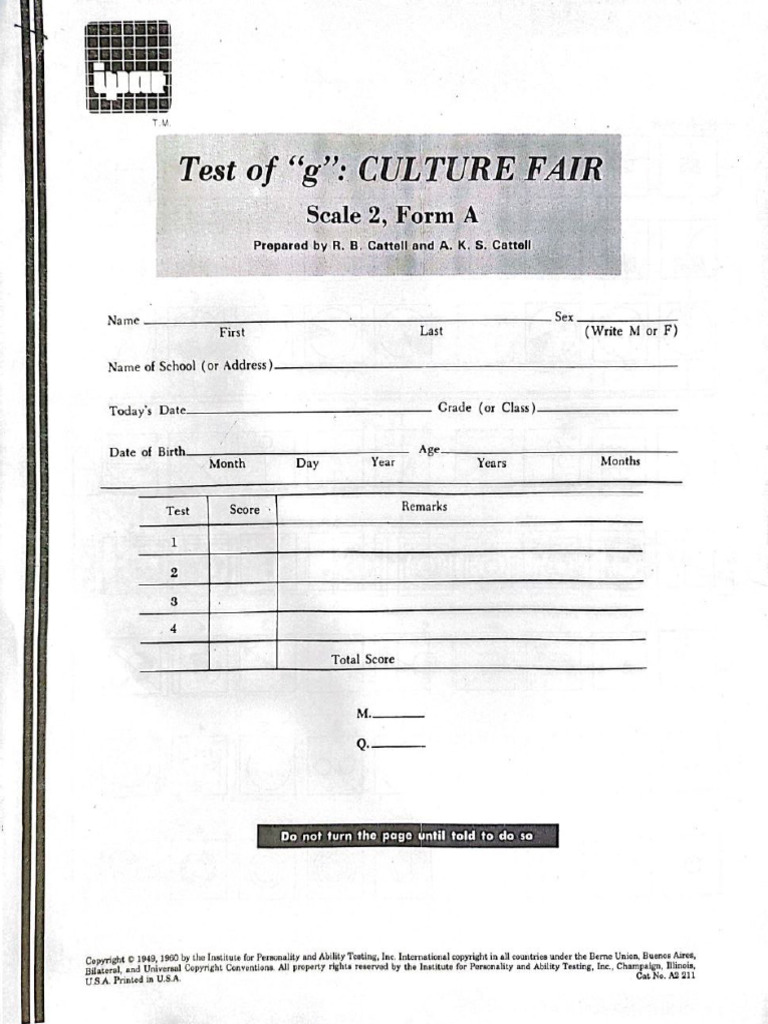 Test of Culture G - CULTURE FAIR PSY ASSESS LAB | PDF