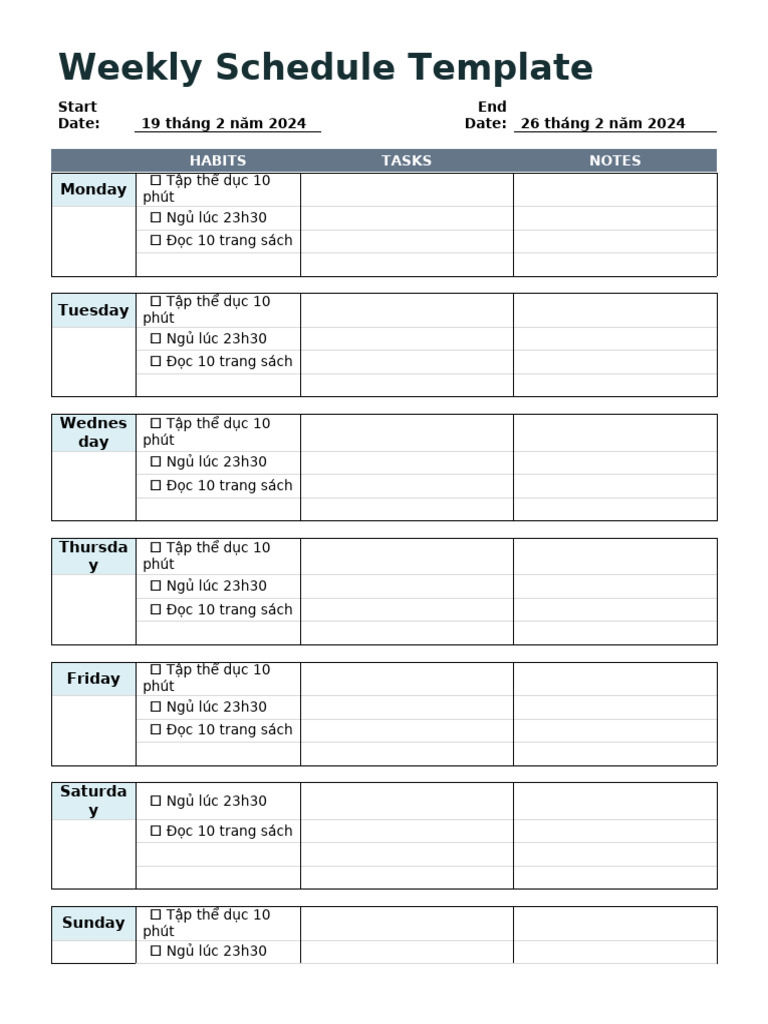 Simple Weekly Schedule Template | PDF