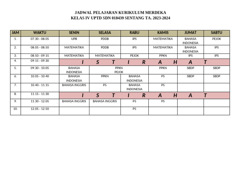 Jadwal Pelajaran Kurikulum Merdeka | PDF
