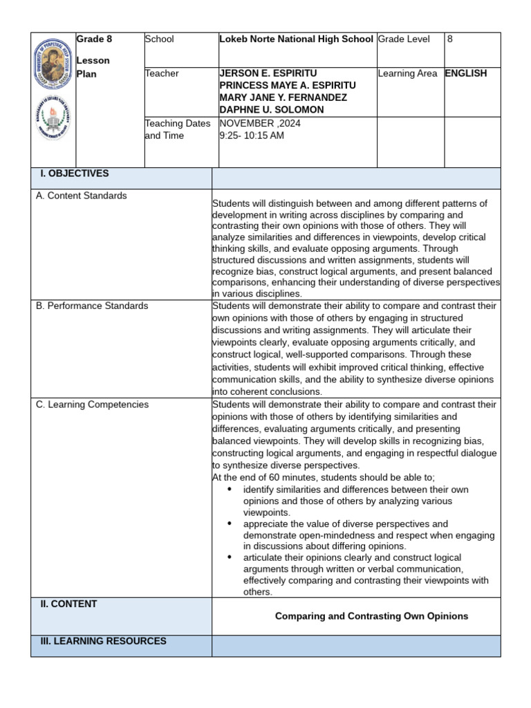 Grade 8 English Lesson: Compare & Contrast | PDF | Khmer People | Thought