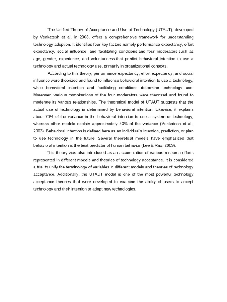 The Unified Theory of Acceptance and Use Theory | PDF