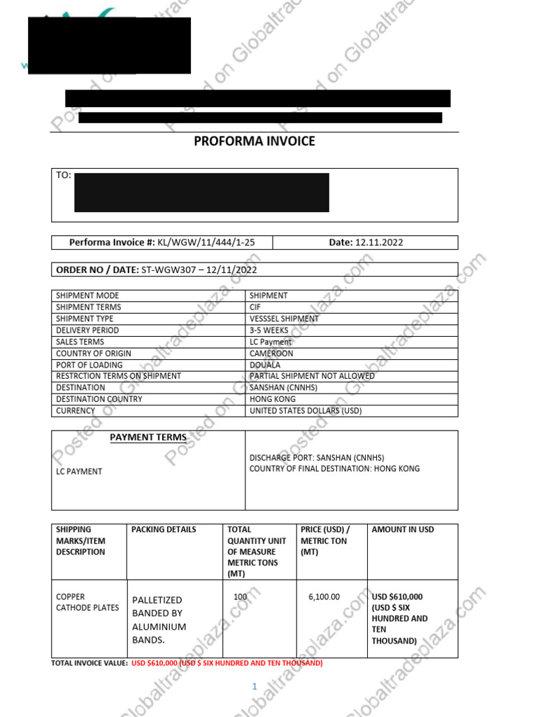 Proforma Invoice: Performa Invoice #: Date: Order No / Date | PDF ...