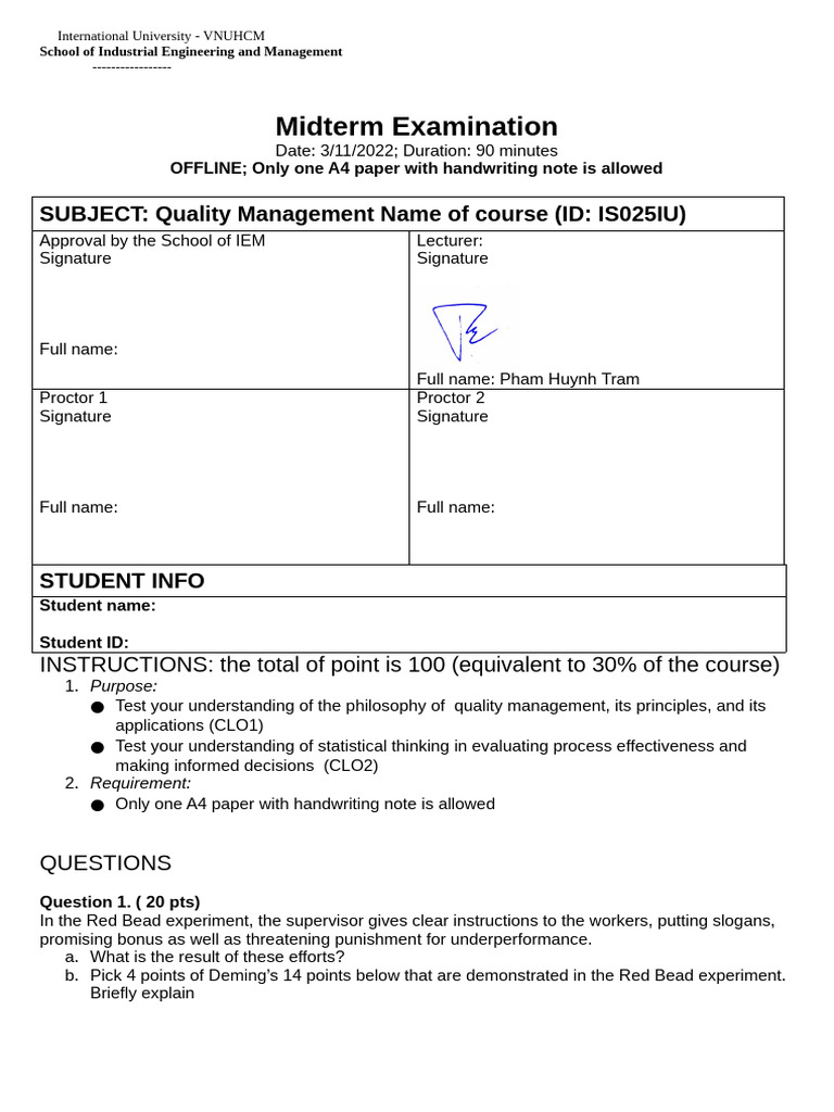 IEM-buddy Giải đề Mid QM 2022 | PDF | Quality (Business) | Quality Management